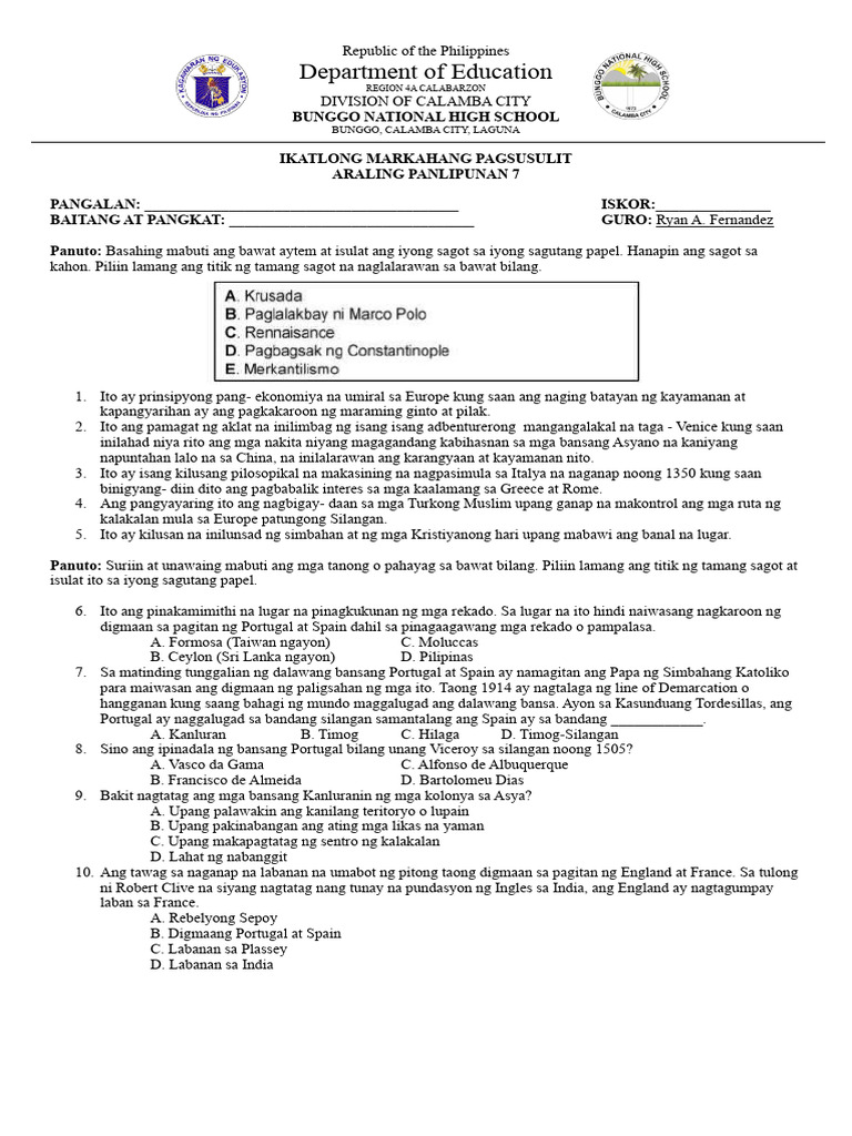 3rd Quarter AP7 Exam | PDF