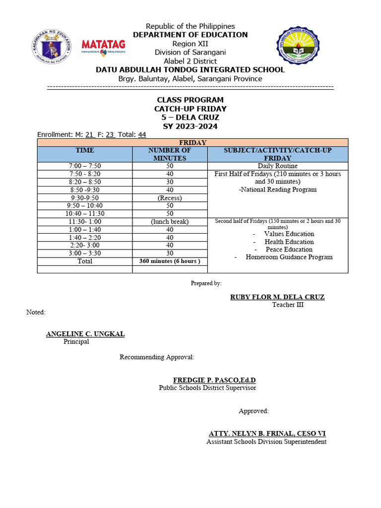 Class-Program-For-Catch-Up (2023-2024) | PDF | Schools | Educational Institutions