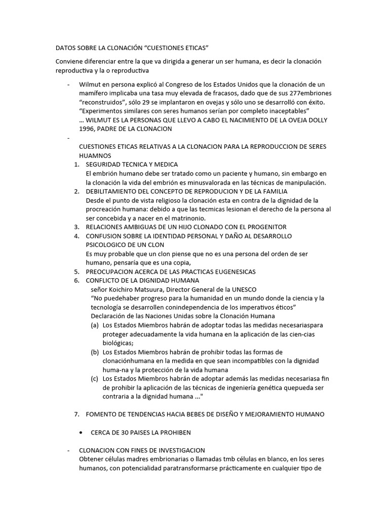 Ética de la Clonación Humana: Debates Clave | PDF | Clonación | Célula ...
