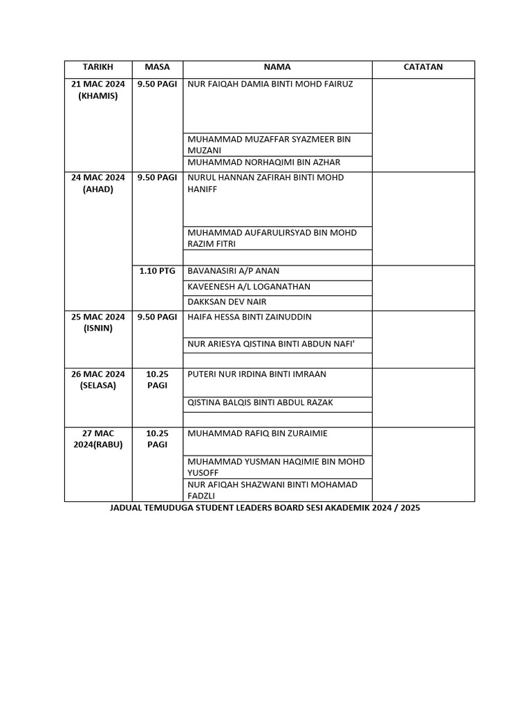 Jadual Temuduga SLB 2024 | PDF