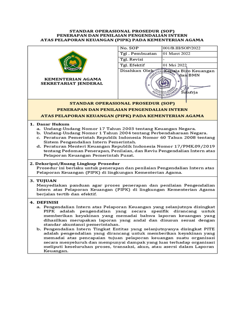 SOP Penilaian PIPK Kementerian Agama | PDF | Teknologi & Rekayasa