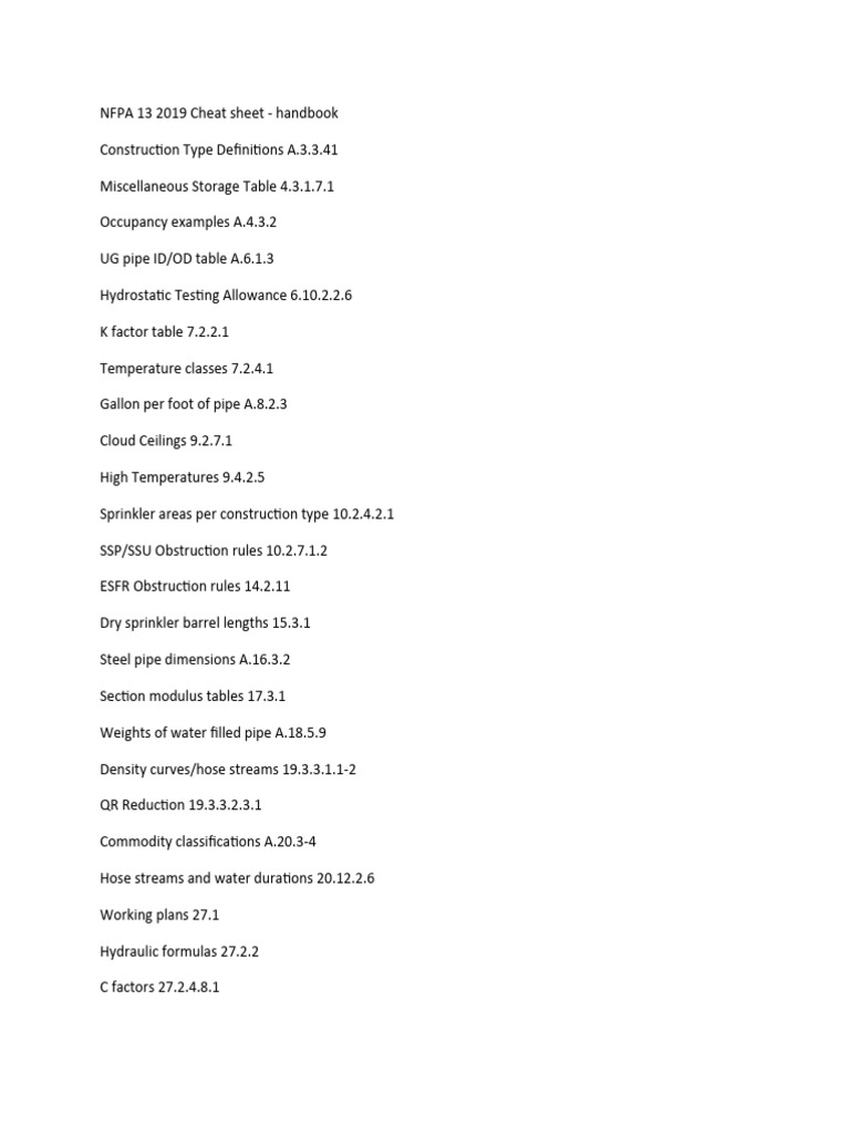 NFPA 13 2019 Cheat Sheet Overview | PDF | Technology & Engineering