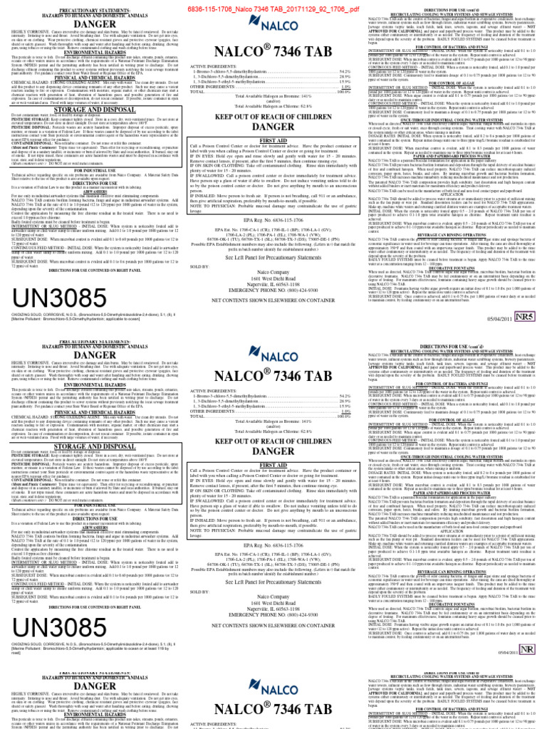Nalco 7346 TAB: Danger ® | PDF | Sewage Treatment | Clean Water Act