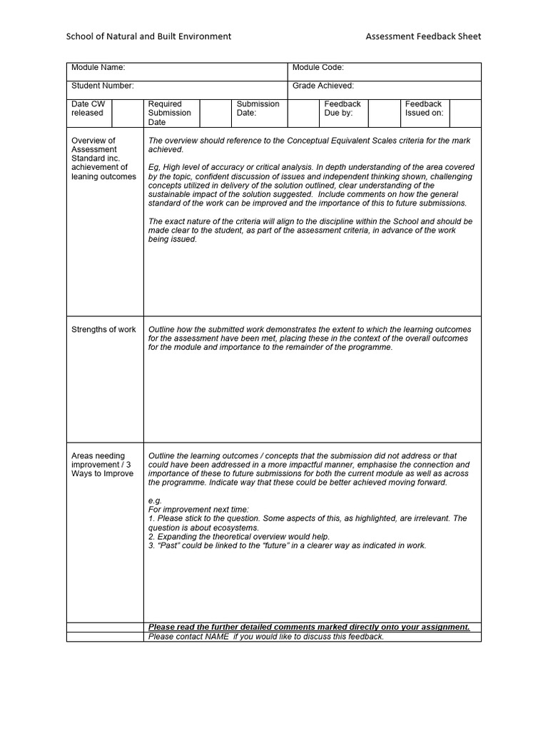 CW Feedback Template - NBE | PDF | Learning | Critical Thinking