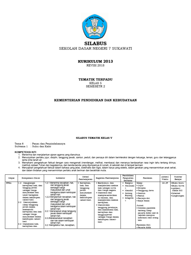 Silabus Kelas 5 - Tema 6 (Semester 2) 2021-2022 | PDF