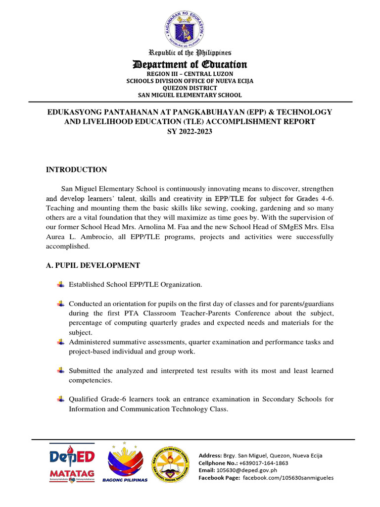 Smges Epp-Tle Accomplishment Report 2023 | PDF | Educational Technology | Teachers