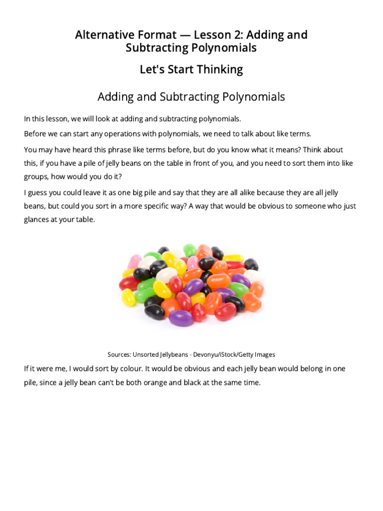 CEMC's Open Courseware - Lesson 2 - Adding and Subtracting Polynomials ...