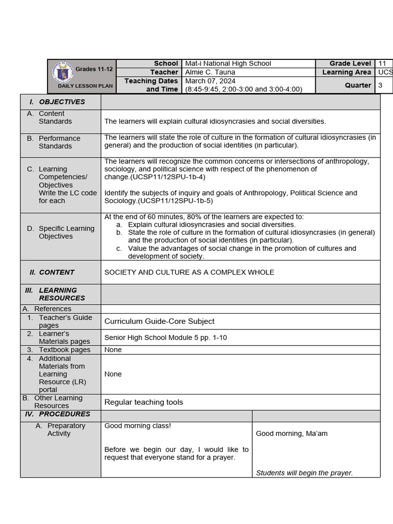 Detailed Lesson Plan For SHS | PDF | Learning | Teachers