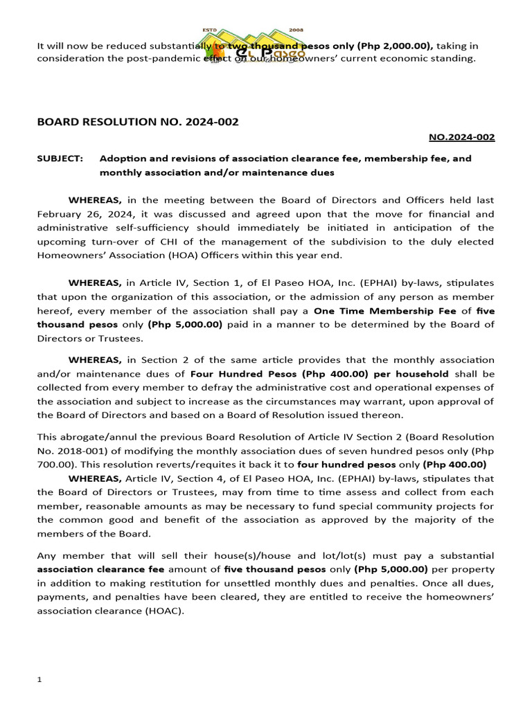 HOA Dues and Clearance Fee Resolution | PDF | Board Of Directors ...