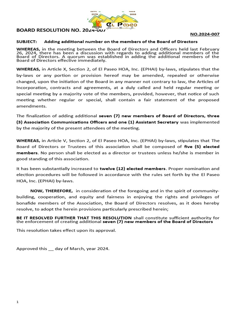 Board Resolution for New Directors | PDF | Board Of Directors | By Law