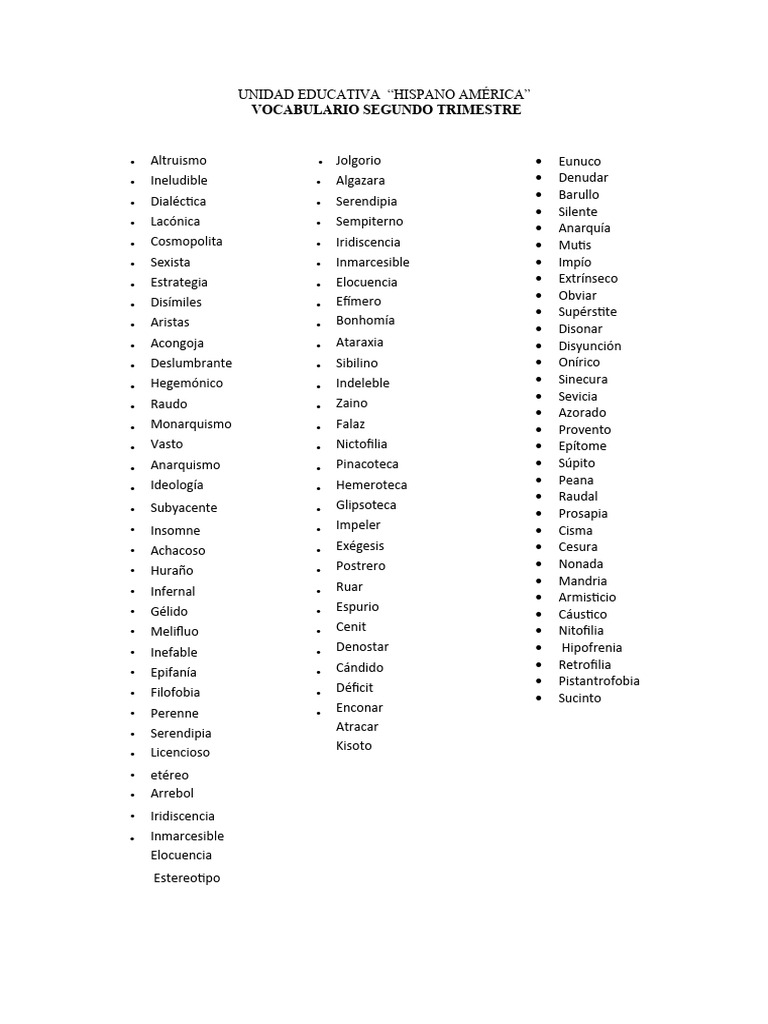Vocabulario Segundo Trimestre | PDF
