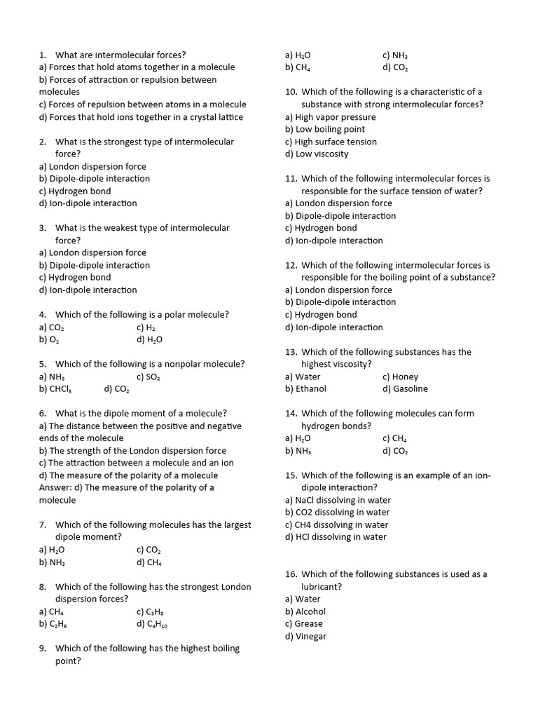 Quiz For Intermolecular Force | PDF | Intermolecular Force | Chemical ...