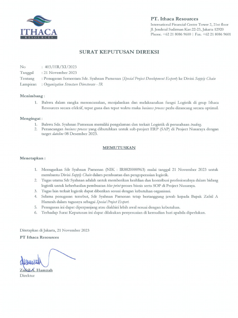 Surat Keputusan Direksi - Syahnan Pamenan - 2023 | PDF
