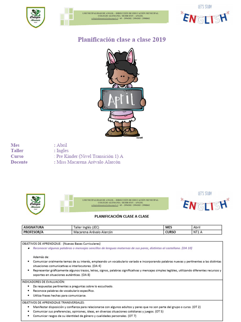 NT1 - Inglés - Pre Kinder - 02 Abril | PDF | Educación de la primera ...