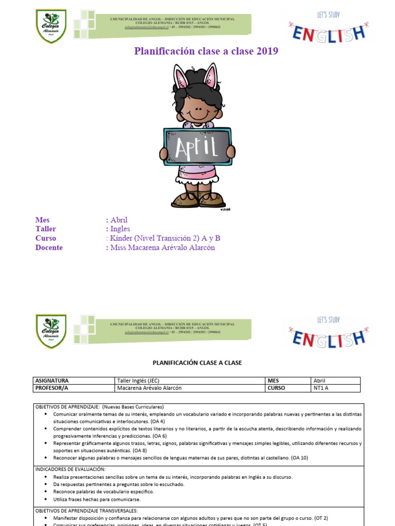 NT2 - Ingles - Kinder - 02 Abril - Arreglada | PDF | Educación de la ...
