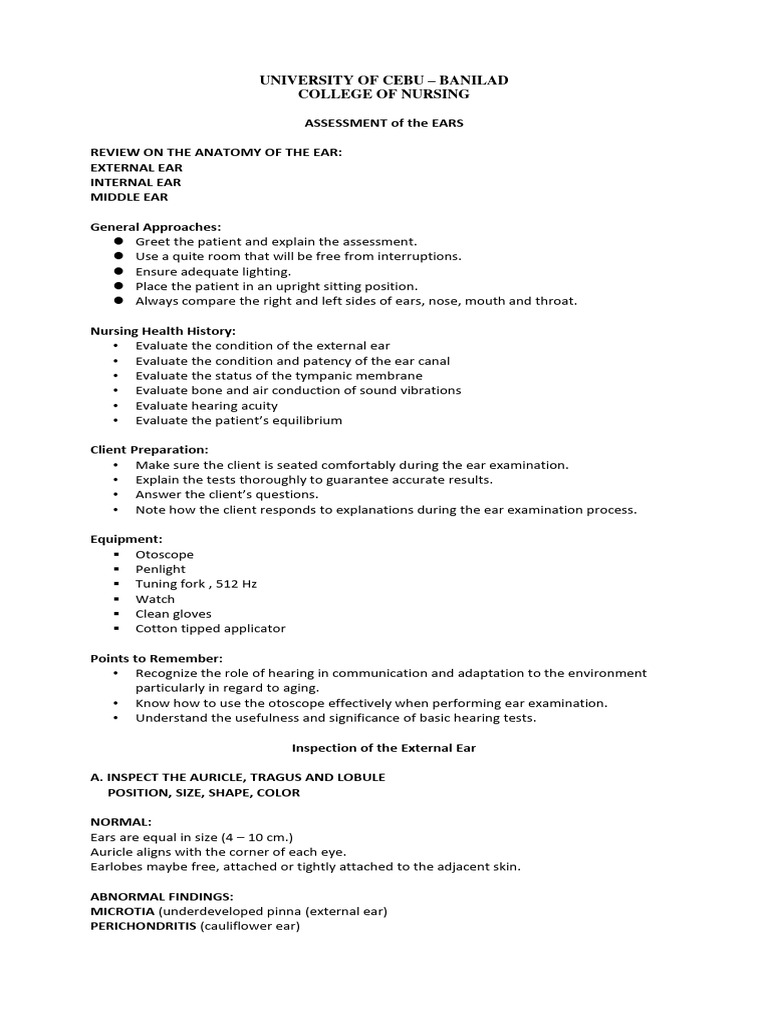Assessment of The Ears Notes | PDF | Ear | Hearing