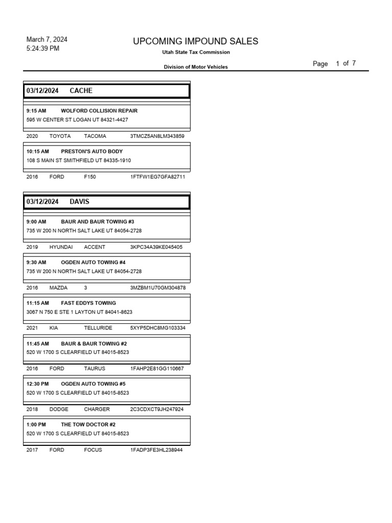 Utah Impound Sales Schedule March 2024 | PDF | Ford Motor Company ...