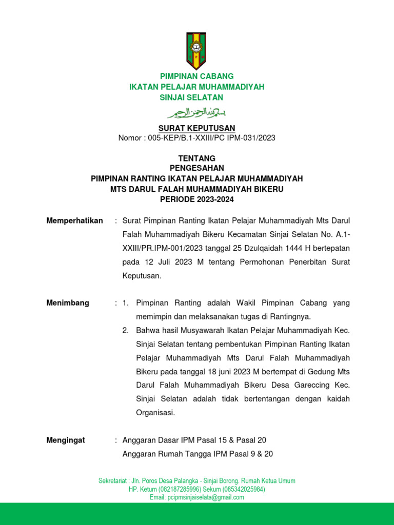 Pengesahan Pimpinan Ranting IPM 2023-2024 | PDF