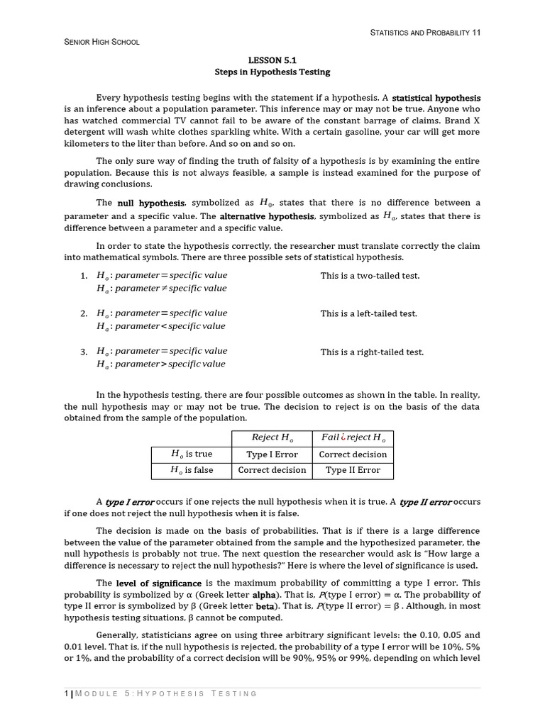 Lesson 5 1 Steps In Hypothesis Testing Pdf Type I And Type Ii