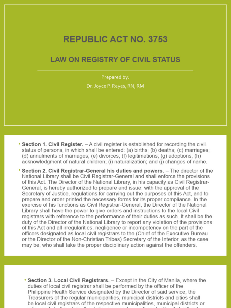 Republic Act No 3753 Law On Registry | PDF | Birth Certificate | Marriage