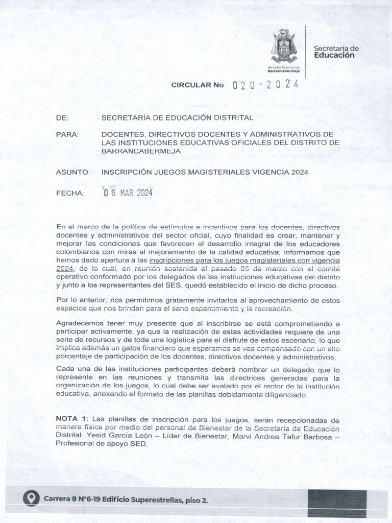 Circular 020-2024 Inscripción Juegos Magisteriales 2024-5 | PDF