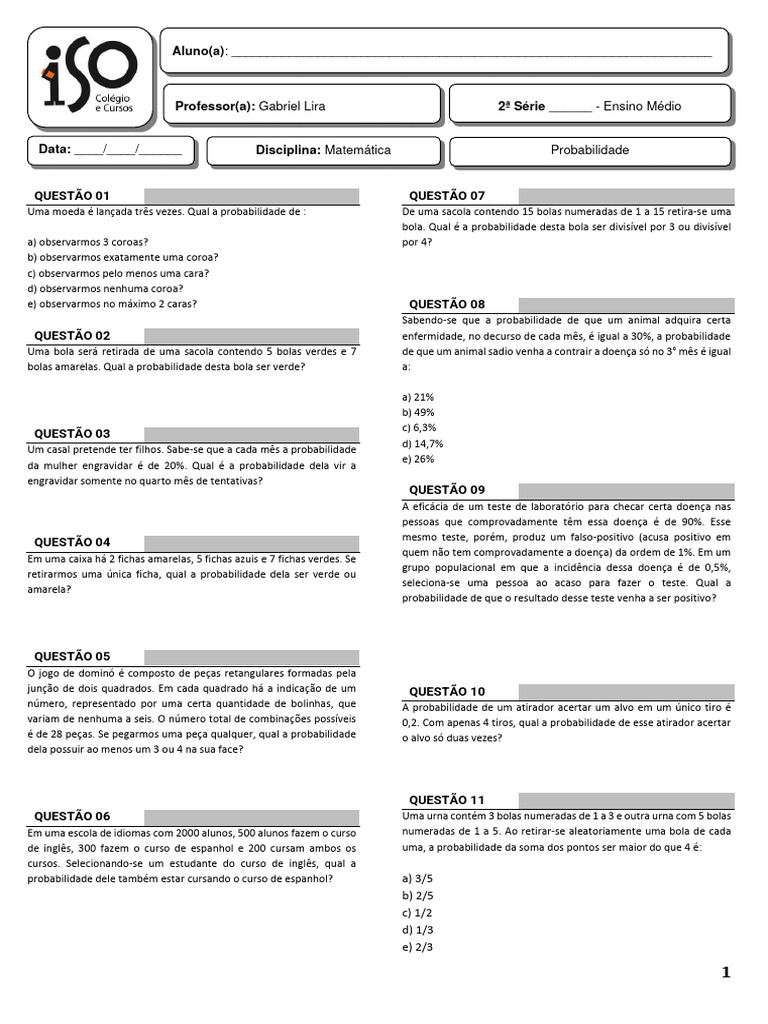 Ficha de Exercícios - Probabilidade | PDF | Probabilidade