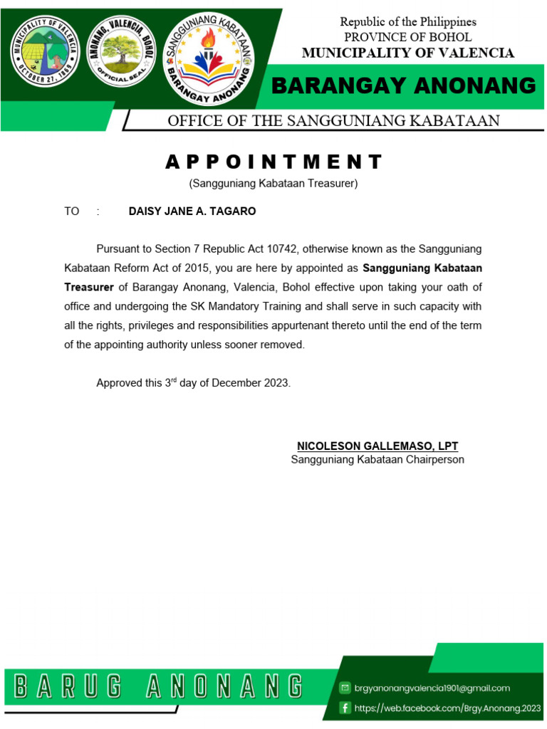 SK Appointments in Barangay Anonang | PDF