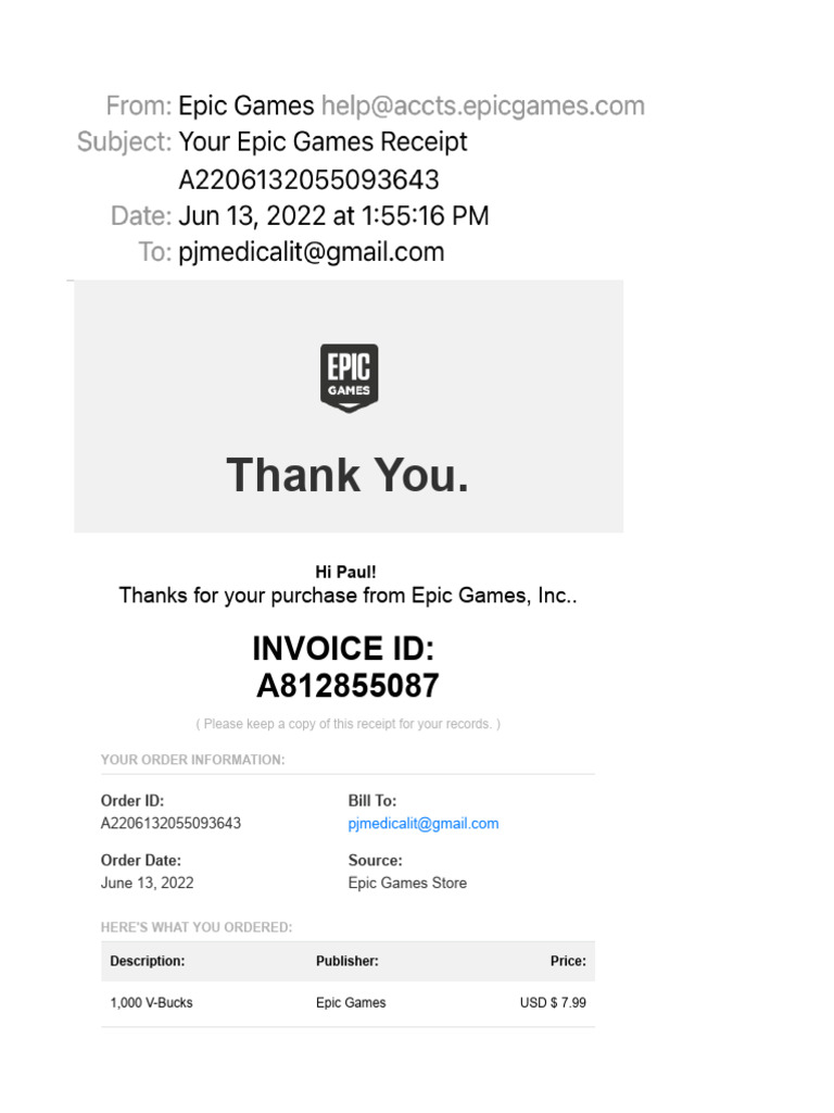 Your Epic Games Receipt A2206132055093643 | PDF