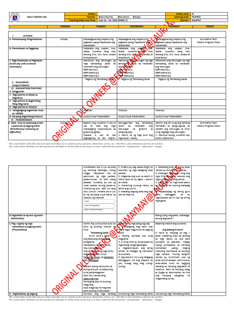 DLL - FIL3 - Q4 - W7 - Natutukoy Ang Kahulugan NG Mga Tambalang Salita @edumaymay@lauramos@angie ...