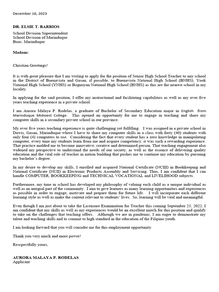 Application Letter Deped | PDF | Teachers | Cognition