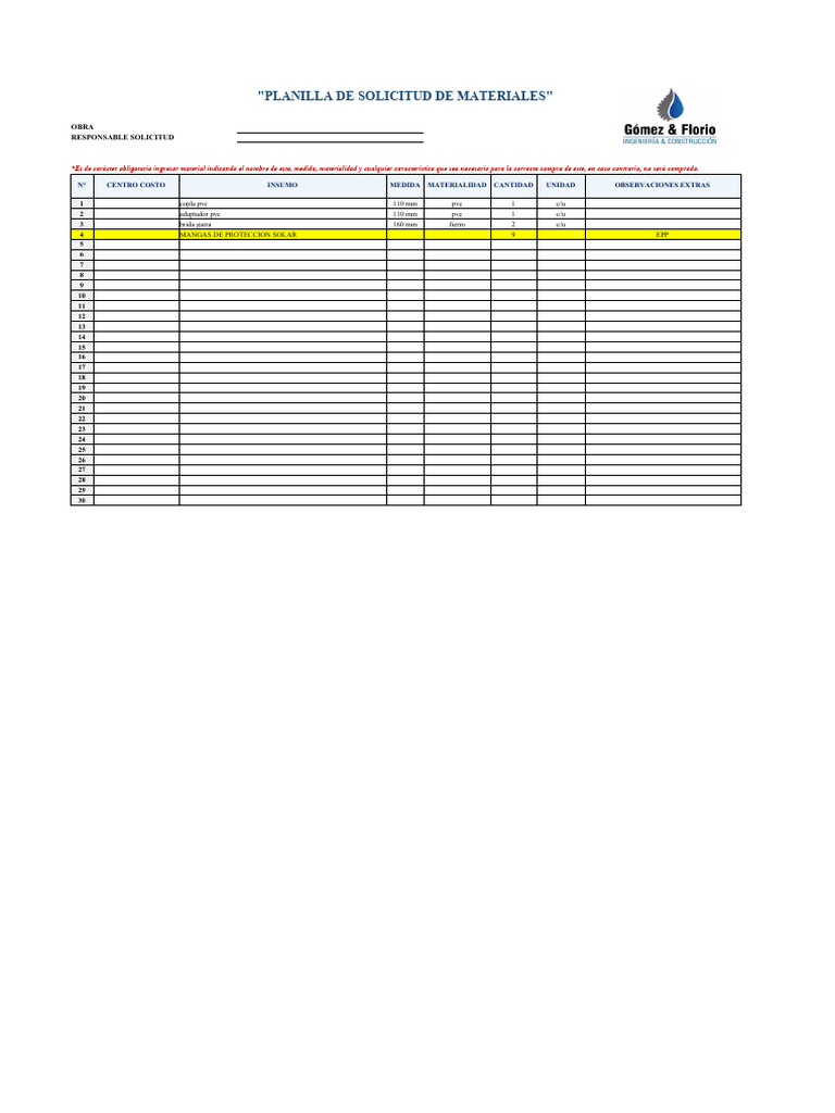 Planilla Pedido Materiales, EPP Y Articulos Oficina | PDF