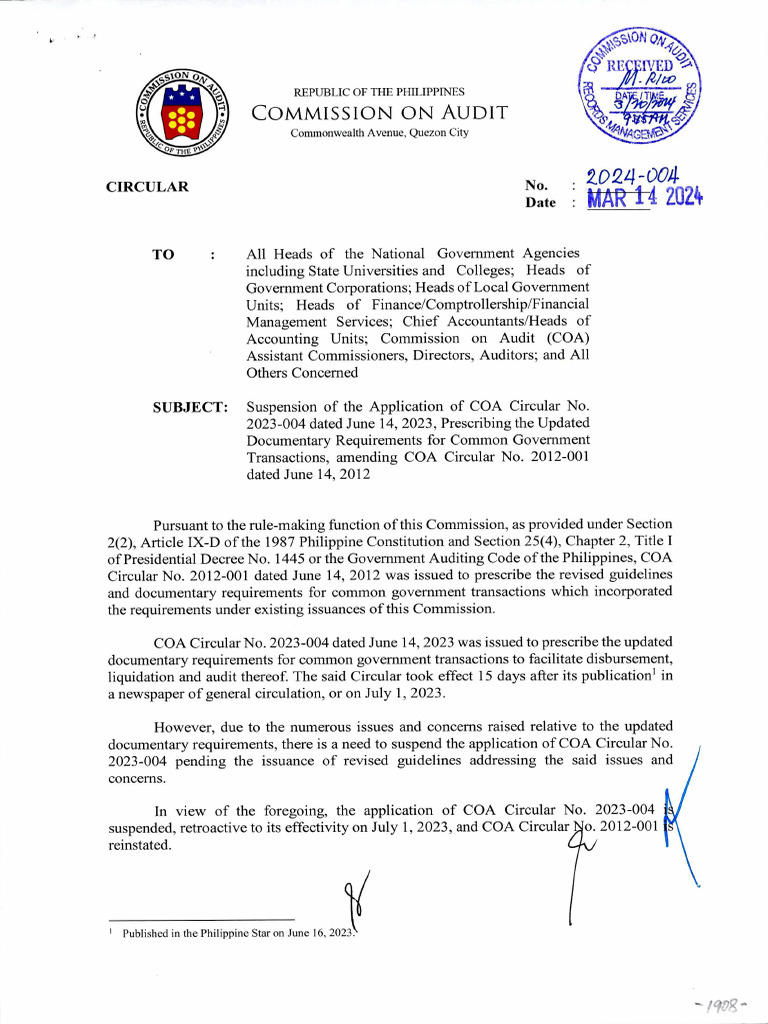 COA CIRCULAR NO. 2024 004 March 14 2024 | Download Free PDF | Audit | Legal Documents