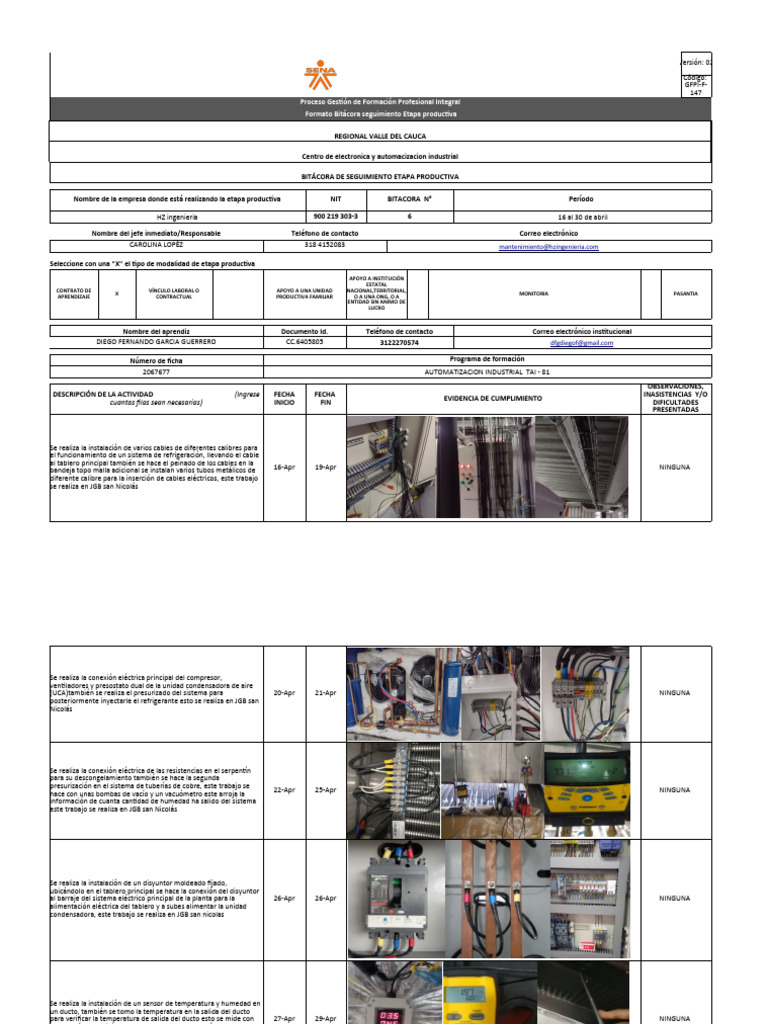 EJEMPLO Formato Bitacora Etapa Productiva | PDF
