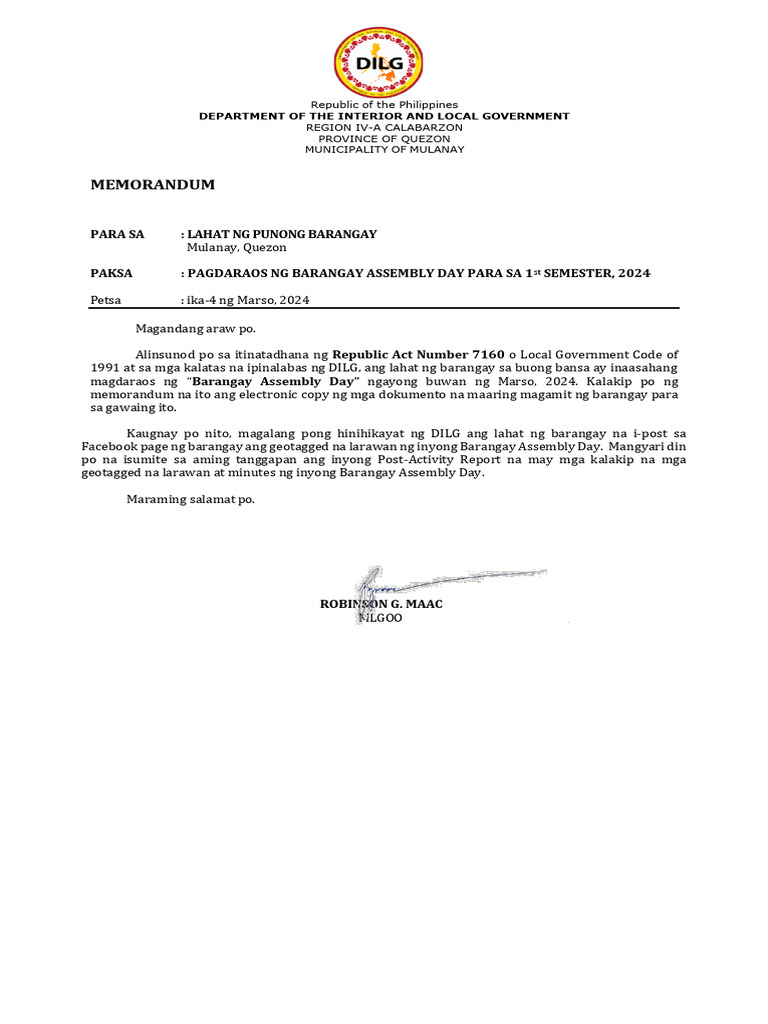 Memo Barangay Assembly Day | PDF