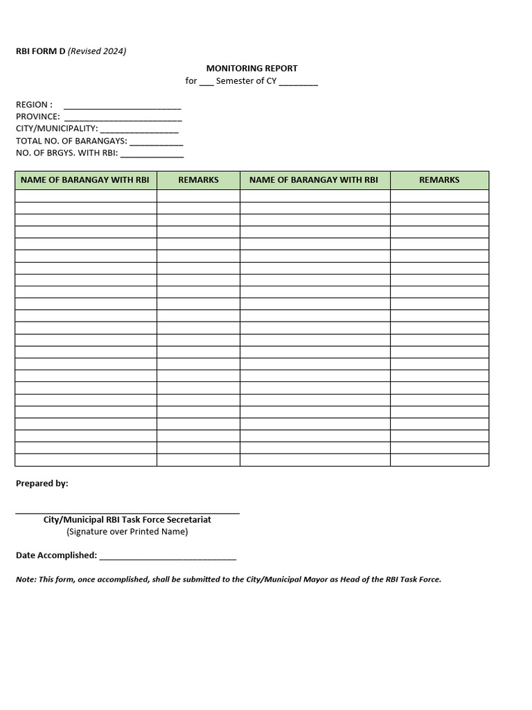 RBI-FORM-D-Monitoring Form - Revised 2024 | PDF