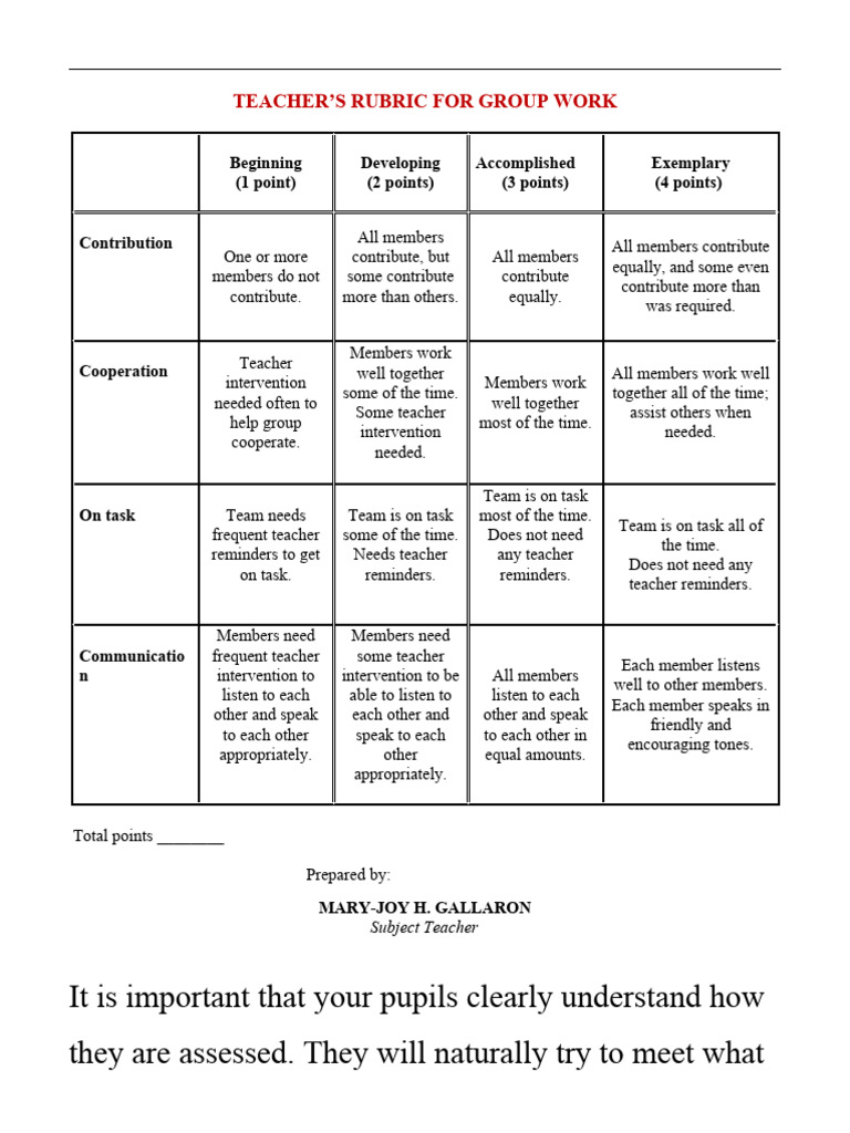 Rubric For Group Work | PDF | Career & Growth | Self-Improvement