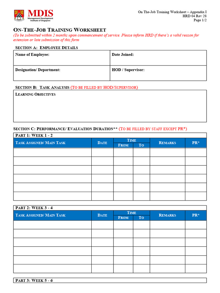 HRD 04 - Appendix I - OJT Worksheet | PDF | Behavior Modification | Business