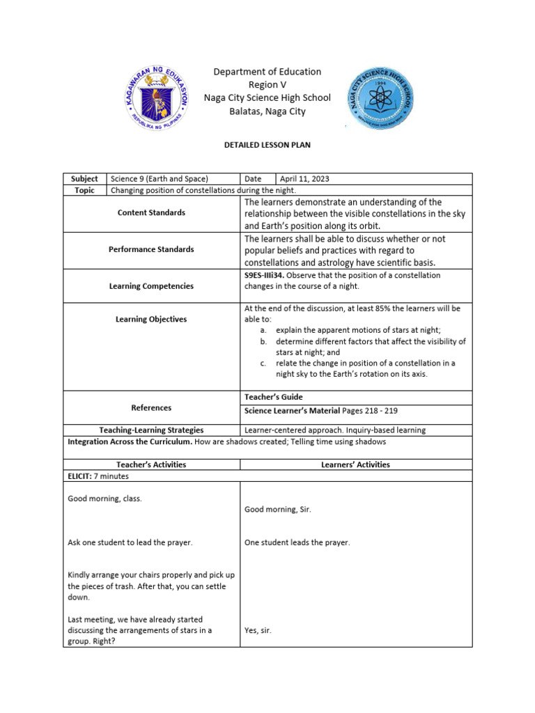 Detailed Lesson Plan Constellations Pdf Sky Stars