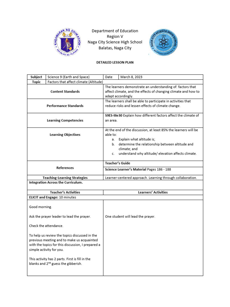 Detailed Lesson Plan Template (Factors Affecting Climate. Altitude ...