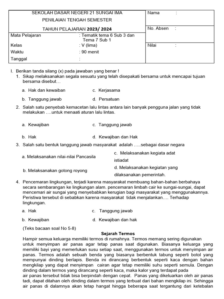 Soal Pts Tema 6 Sub 1 Dan Tema 7 Sub 1 Kelas 5 SMT 2 | PDF