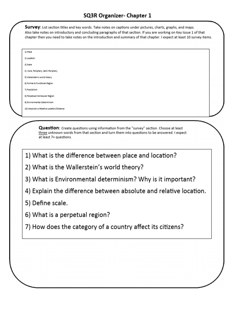 SQ3R Graphic Organizer - Chapter 1 APHUG | PDF | Geography | Map