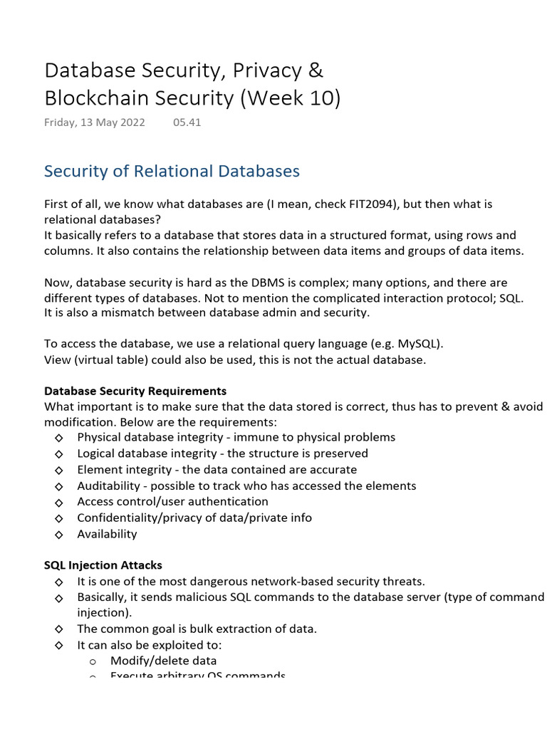 Database Security, Privacy & Blockchain Security (Week 10) | PDF | Databases | Relational Database