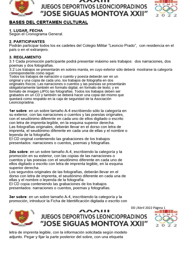 Bases Certamen Cultural 2022 | PDF