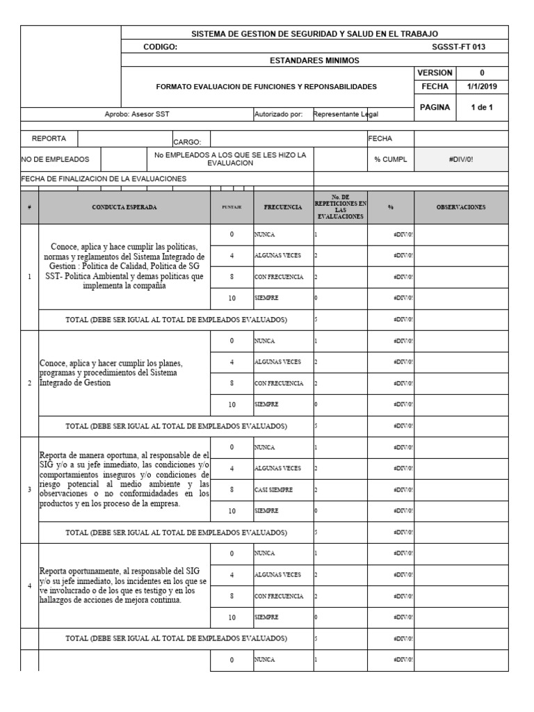 4 SGSST-FT 013 Formato Evaluacion de Funciones y Responsabilidades | PDF | Evaluación | Business
