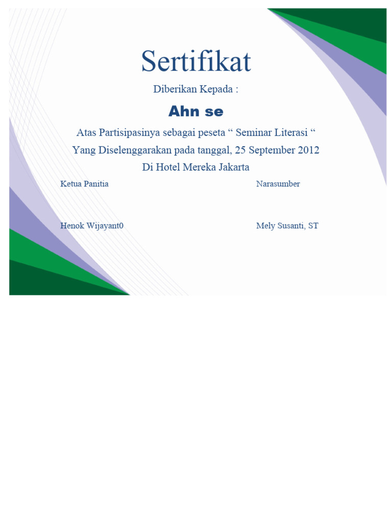 Contoh Sertifikat Seminar Literasi | PDF