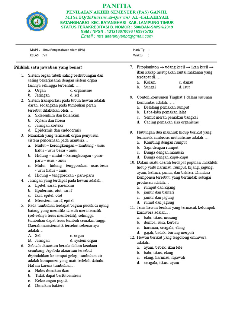 SOAL UTS IPA KELAS 7 SMT 2 Th. 2023-2024 | PDF