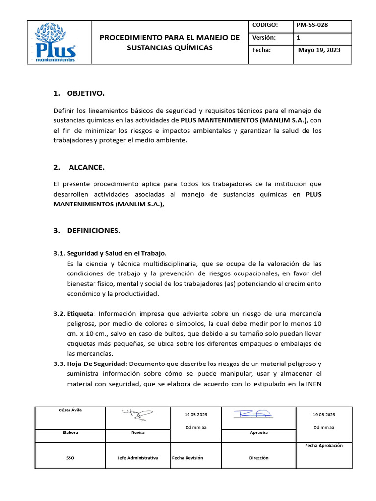 PM-SS-028 Procedimiento Manejo de Sustancias Químicas | PDF | Presión ...