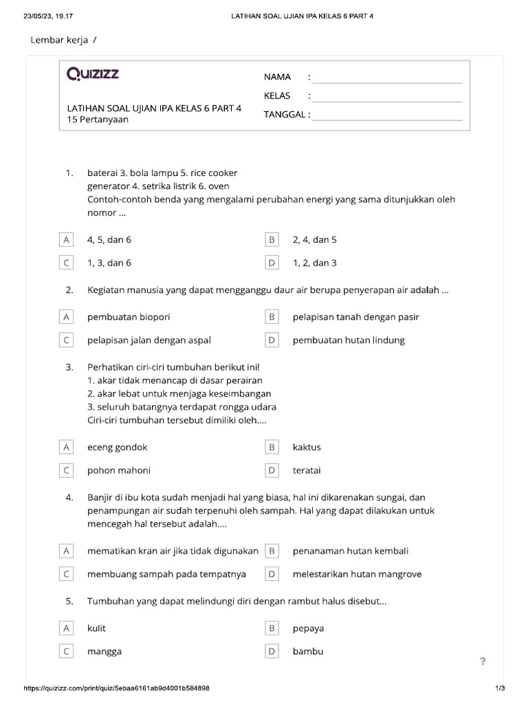 Latihan Soal Ujian Ipa Kelas 6 Part 4 | PDF
