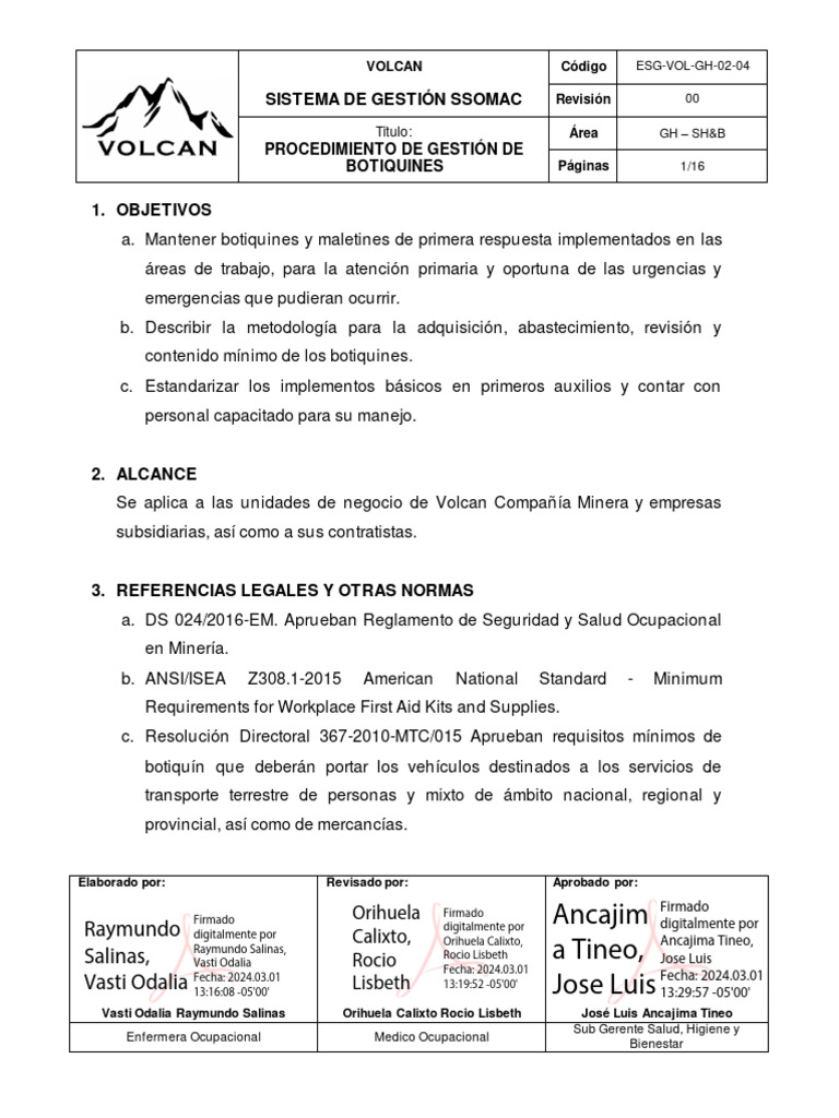 ESG-VOL-GLO-02-04 Procedimiento de Gestión de Botiquines Rev.03 | PDF | Primeros auxilios | Medicina