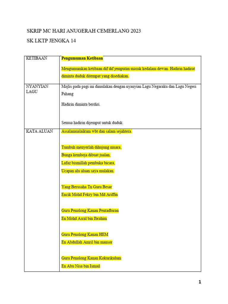 Skrip MC Hari Anugerah Cemerlang 2023 | PDF
